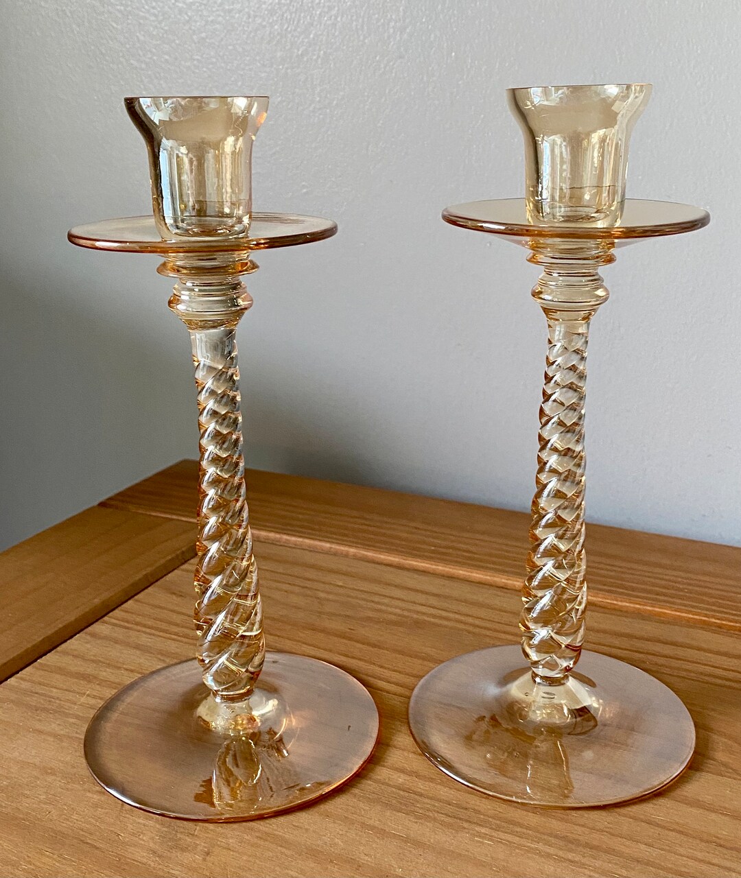 Pair of Iridescent Barley Twist Glass Candlesticks , Pair of 9” Glass ...