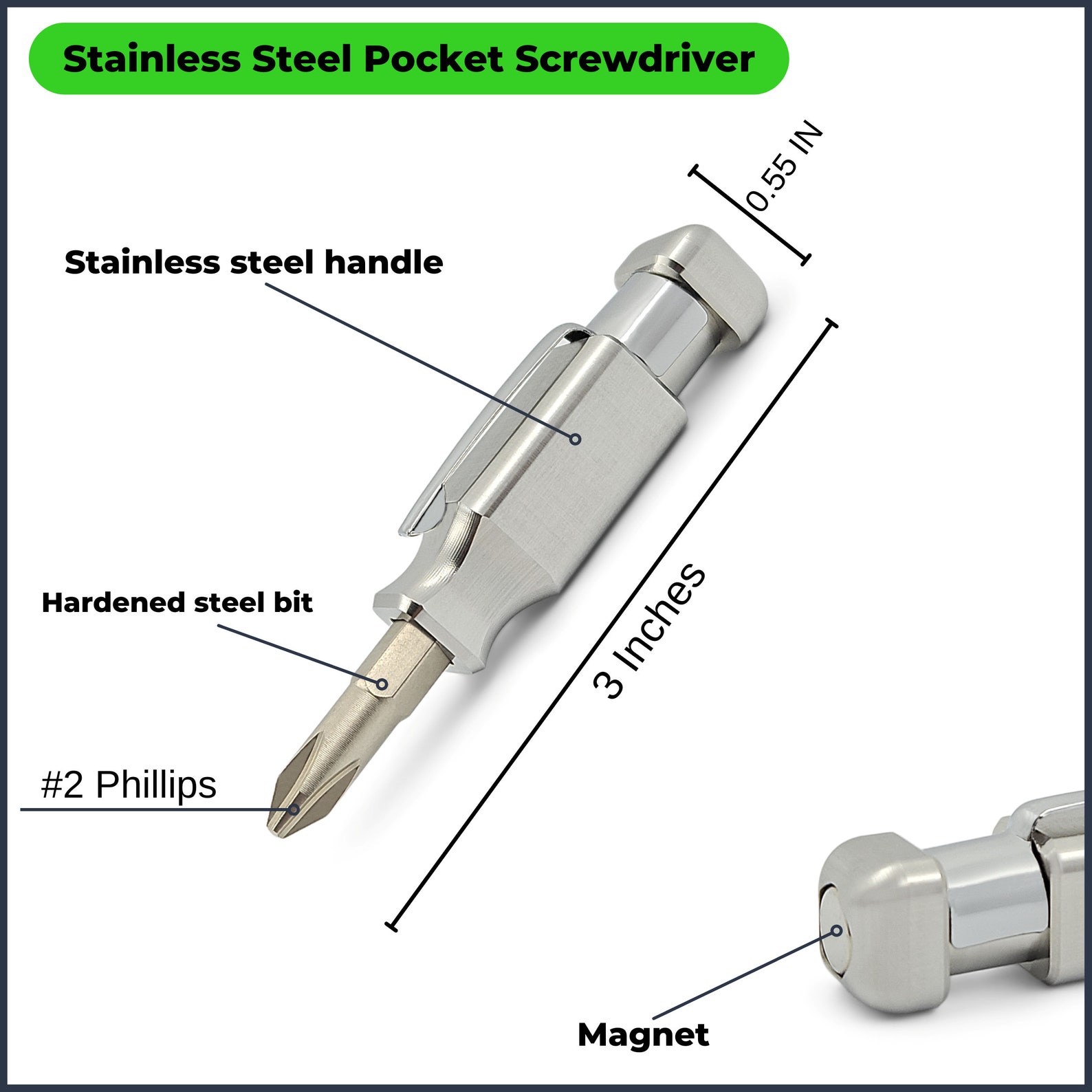 Pocket Screwdriver With Magnet/clip (stainless Steel) Double Ended Bit ...