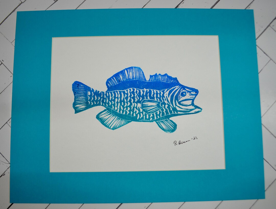 Hand Carved Fish Linocut Print | Limited Edition Bass Wall Art - Etsy