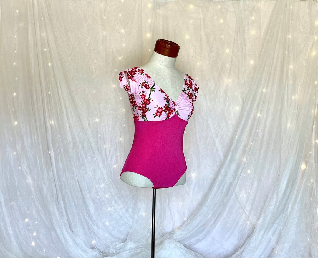 Women's Ballet Leotard in Bright Pink With Light Pink Floral Top - Etsy