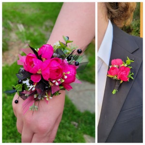 Pink and Black Corsage and Boutonniere Set for Prom. Wristlet Corsage ...