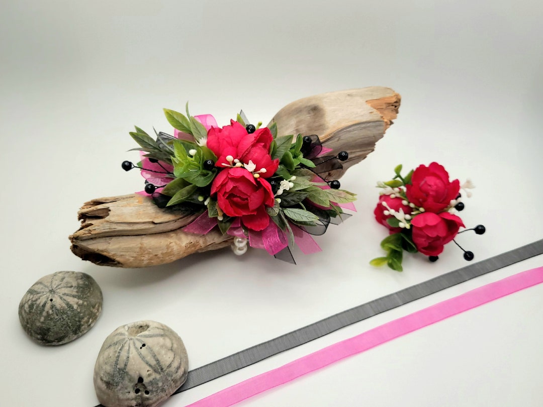 Pink and Black Corsage and Boutonniere Set for Prom. Wristlet Corsage ...