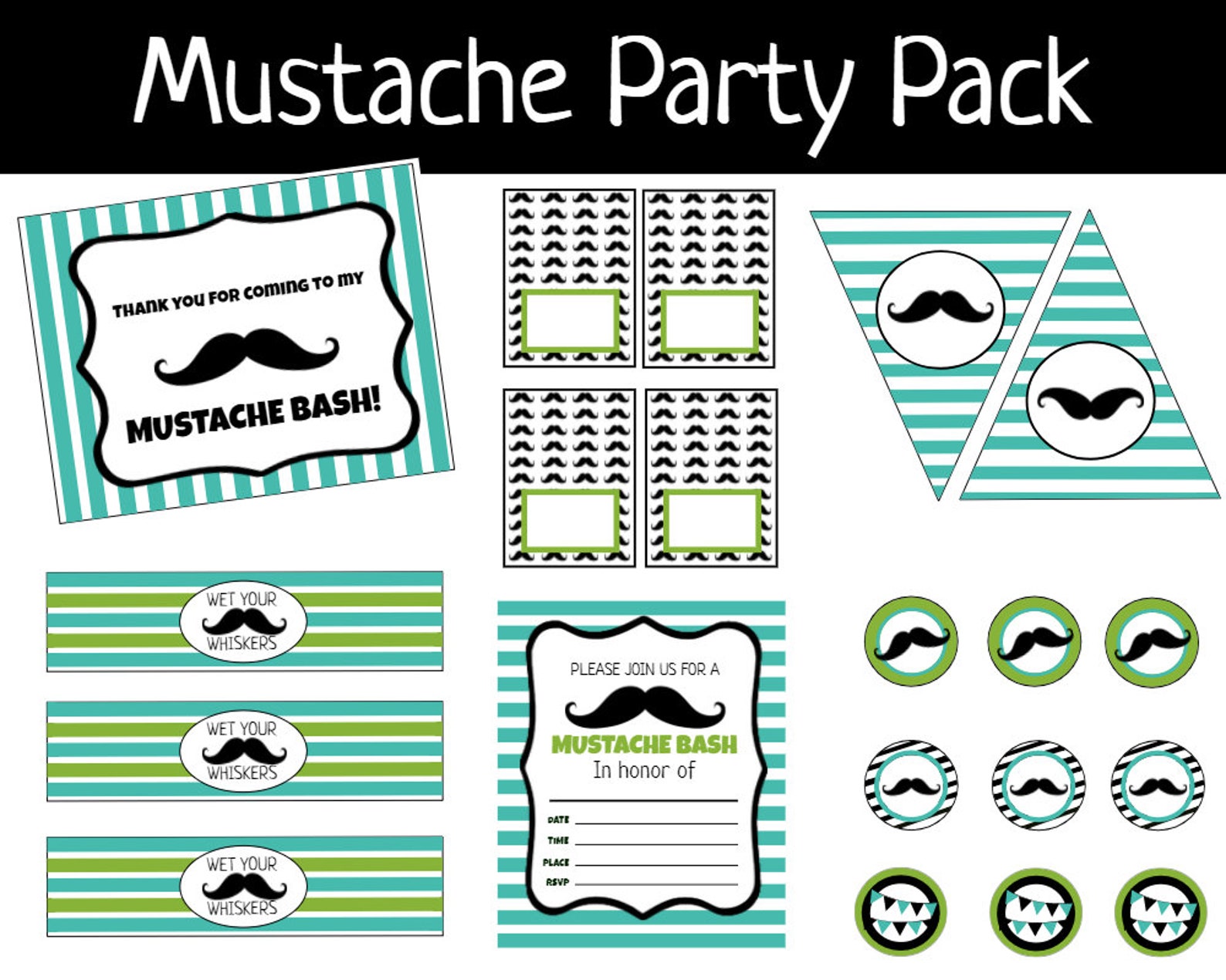Mustache Party Pack, Mustache Party Printables, Boys Birthday, Instant ...