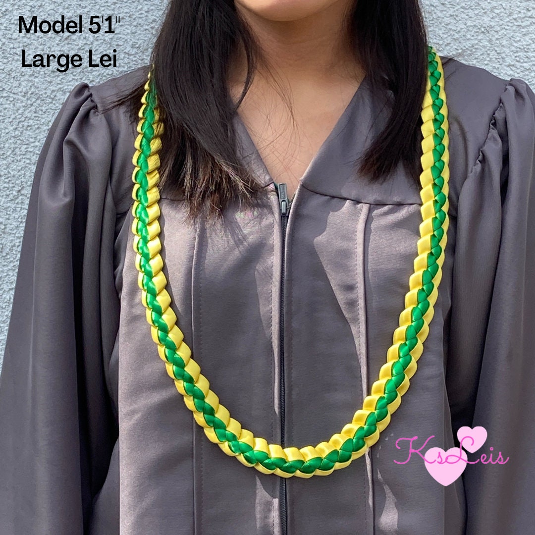 Yellow & Emerald Green, Single Braid Double Layer, Satin Ribbon Lei ...