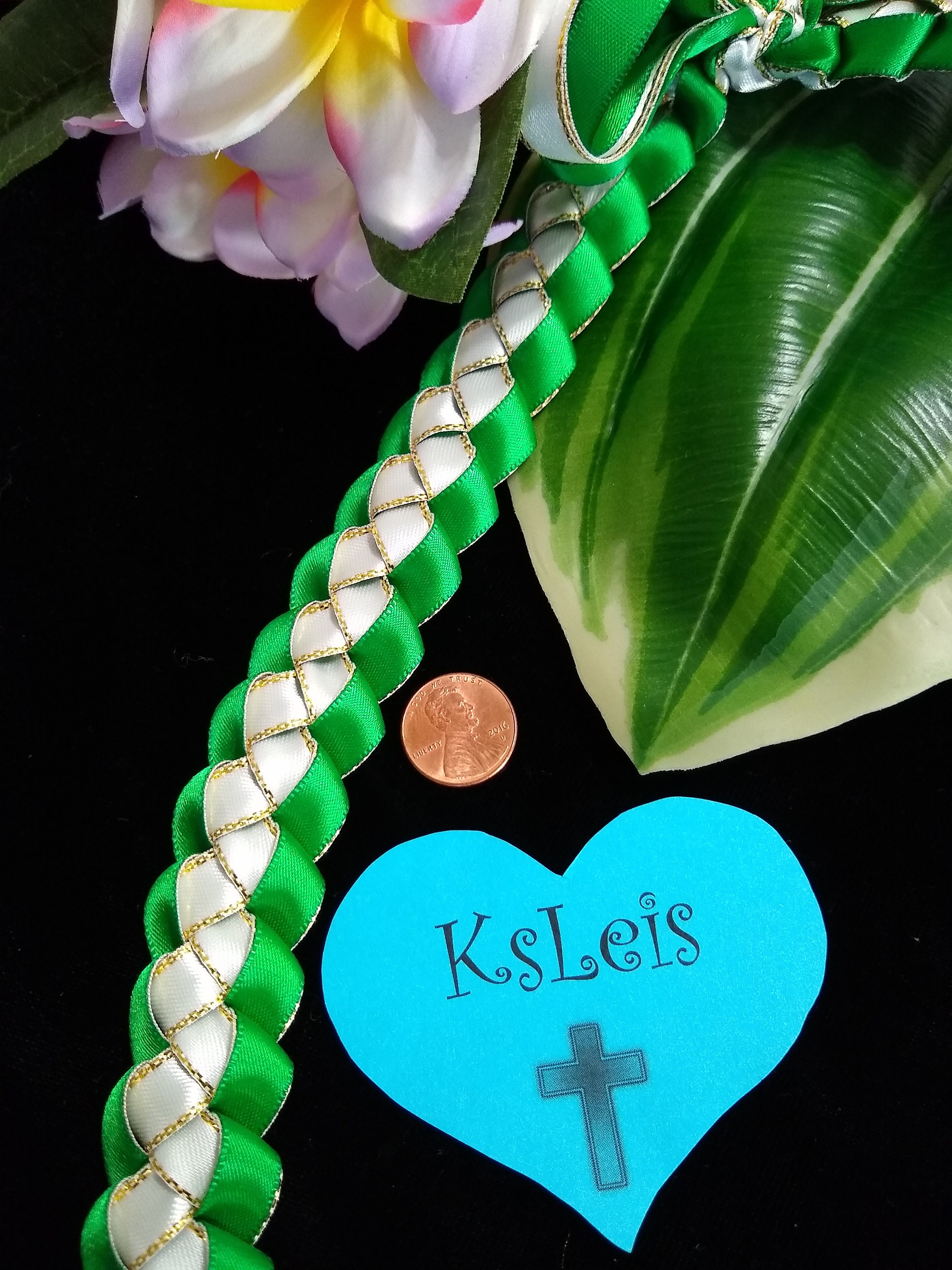 Emerald Green & White Single Braid, Double Layer, Satin Ribbon Lei - Etsy