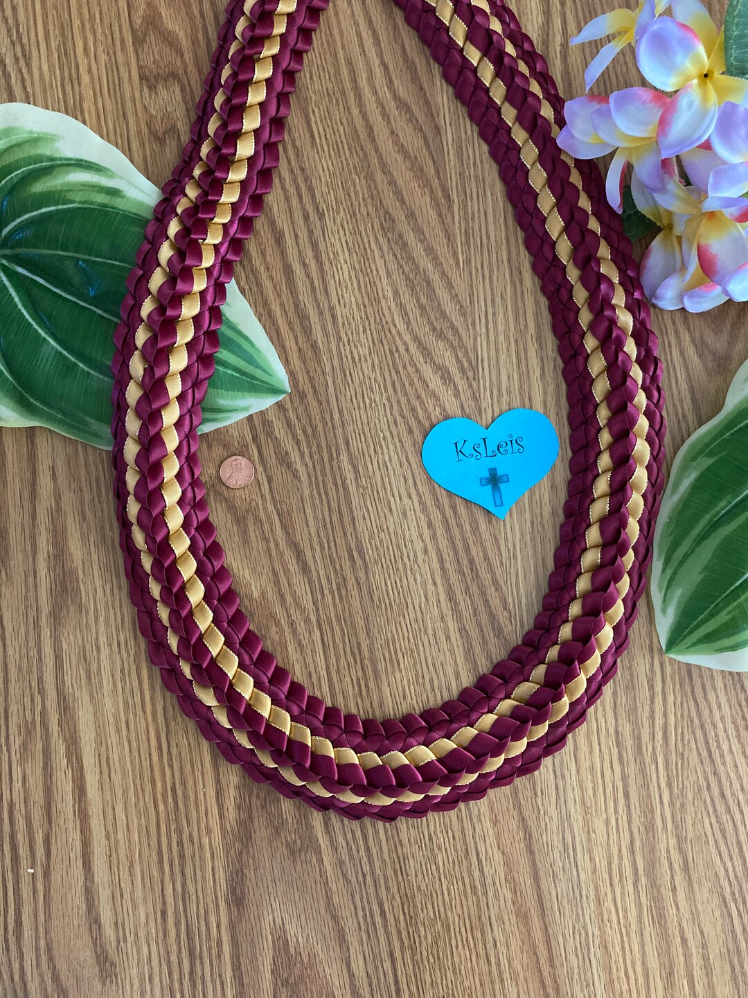 Maroon and Antique Gold With Gold Trim Triple Braid, Satin Ribbon Lei ...