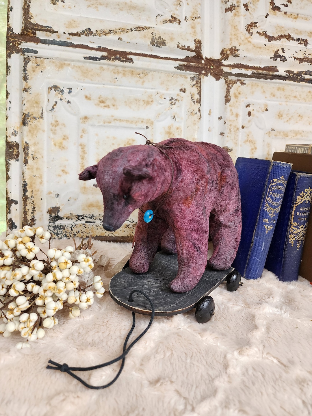 Vintage Design Bear on Cart/ Wheels Aged Burgundy Color Viscose 7 1/2 ...