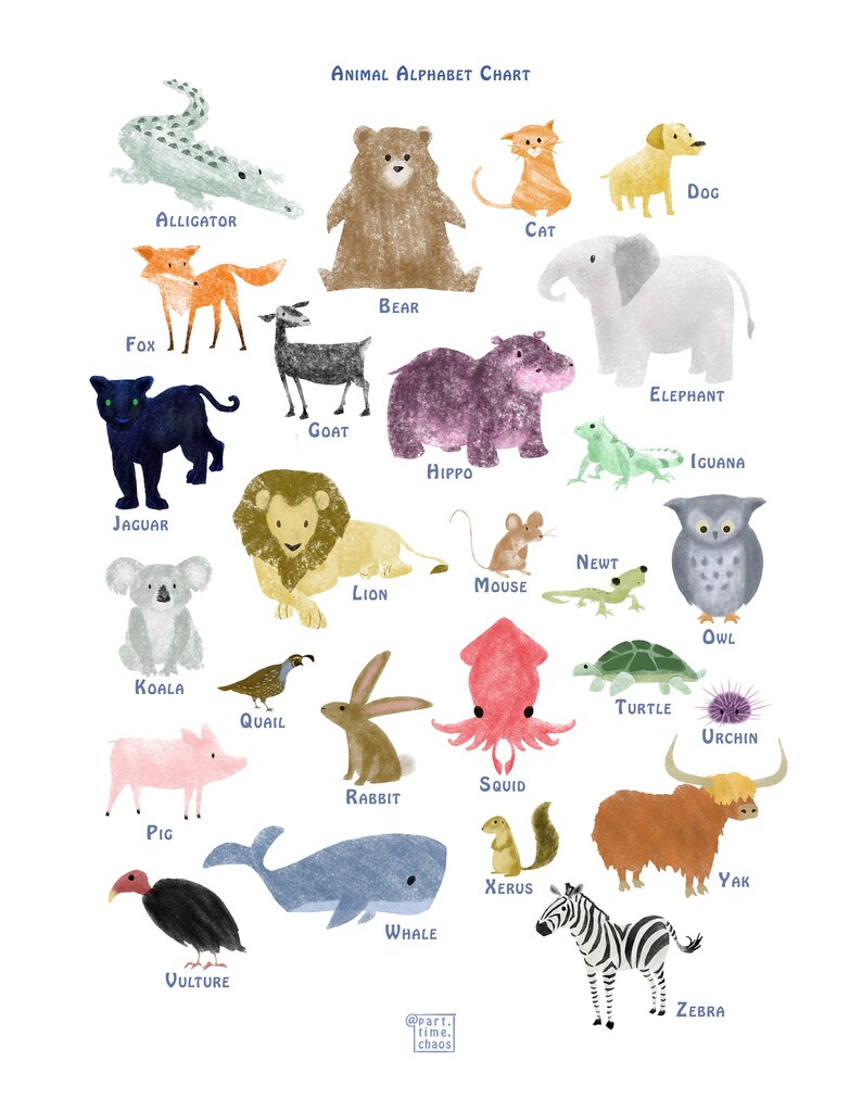 Animal Alphabet Cards and Chart, Instant Download, Printable Wall Art ...
