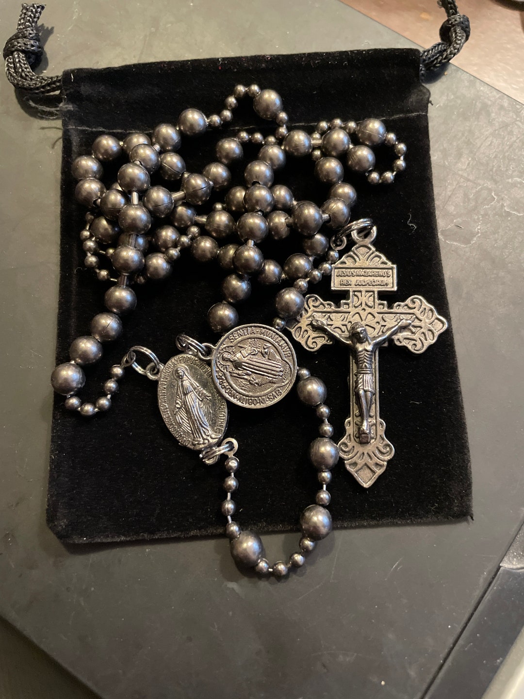 Combat Rosary (gun Metal) W/st. Benedict Medal & Rosary Pouch - Etsy