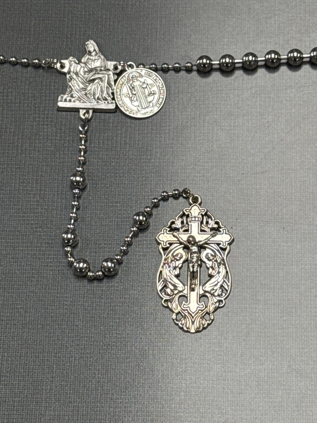 Two Angels Ornate Crucifix Combat Rosary (silver) W/pieta Center & St ...