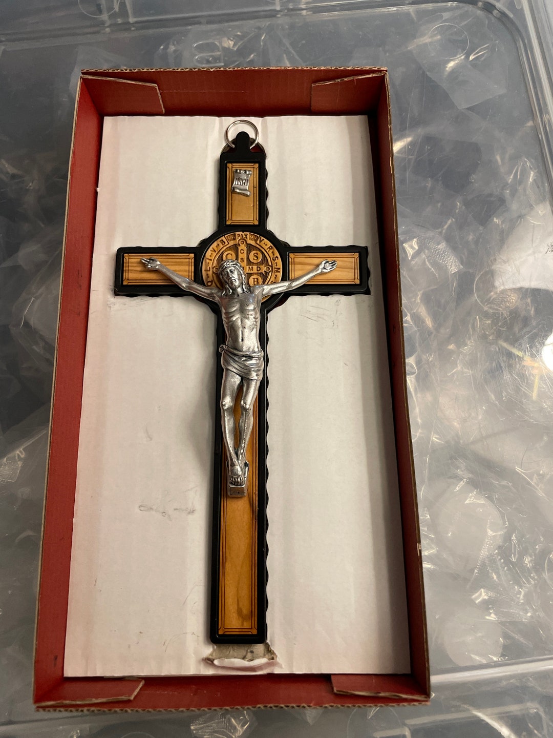 St. Benedict 8 Inch Olive Wood Inlayed Crucifix W/black Edging ...