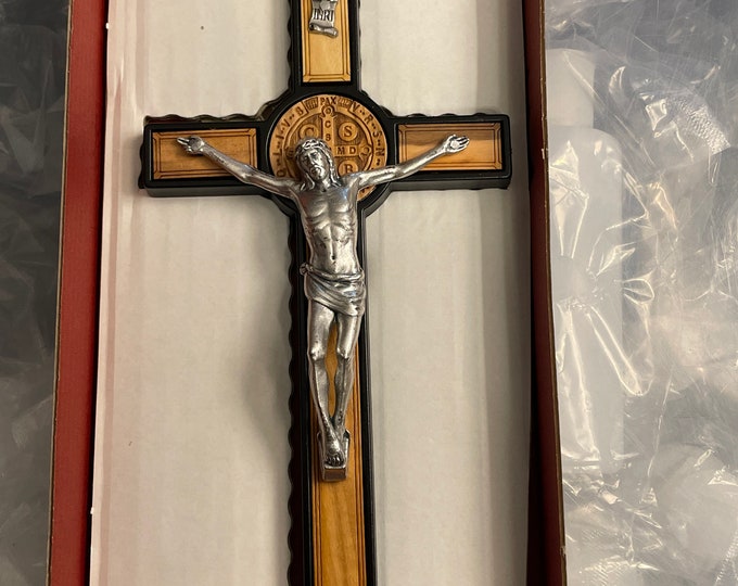 St. Benedict 8 Inch Olive Wood Inlayed Crucifix W/black Edging ...