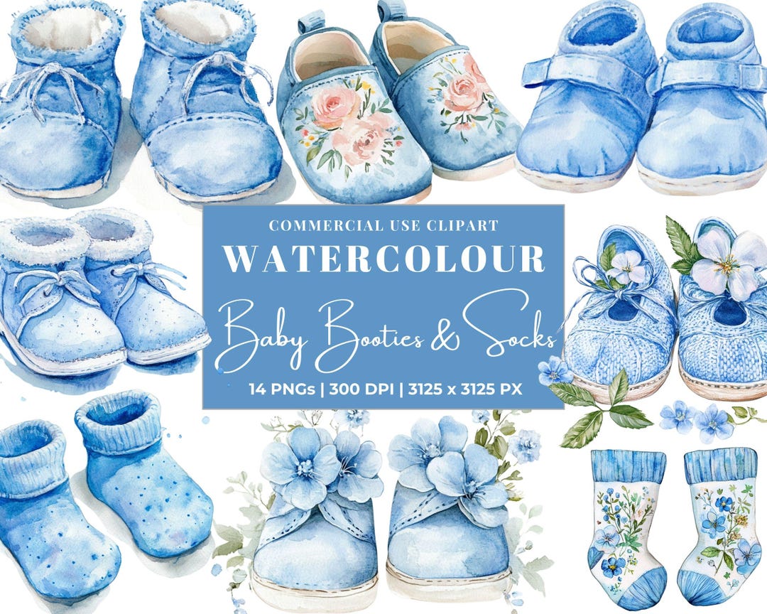 14 PNG Blue Baby Booties Clipart Bundle, Baby Shower Cute Baby Shoes ...
