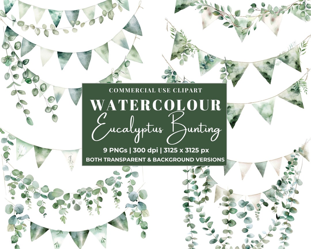 9 Watercolour Eucalyptus Bunting Wedding Clipart, Greenery Clipart ...