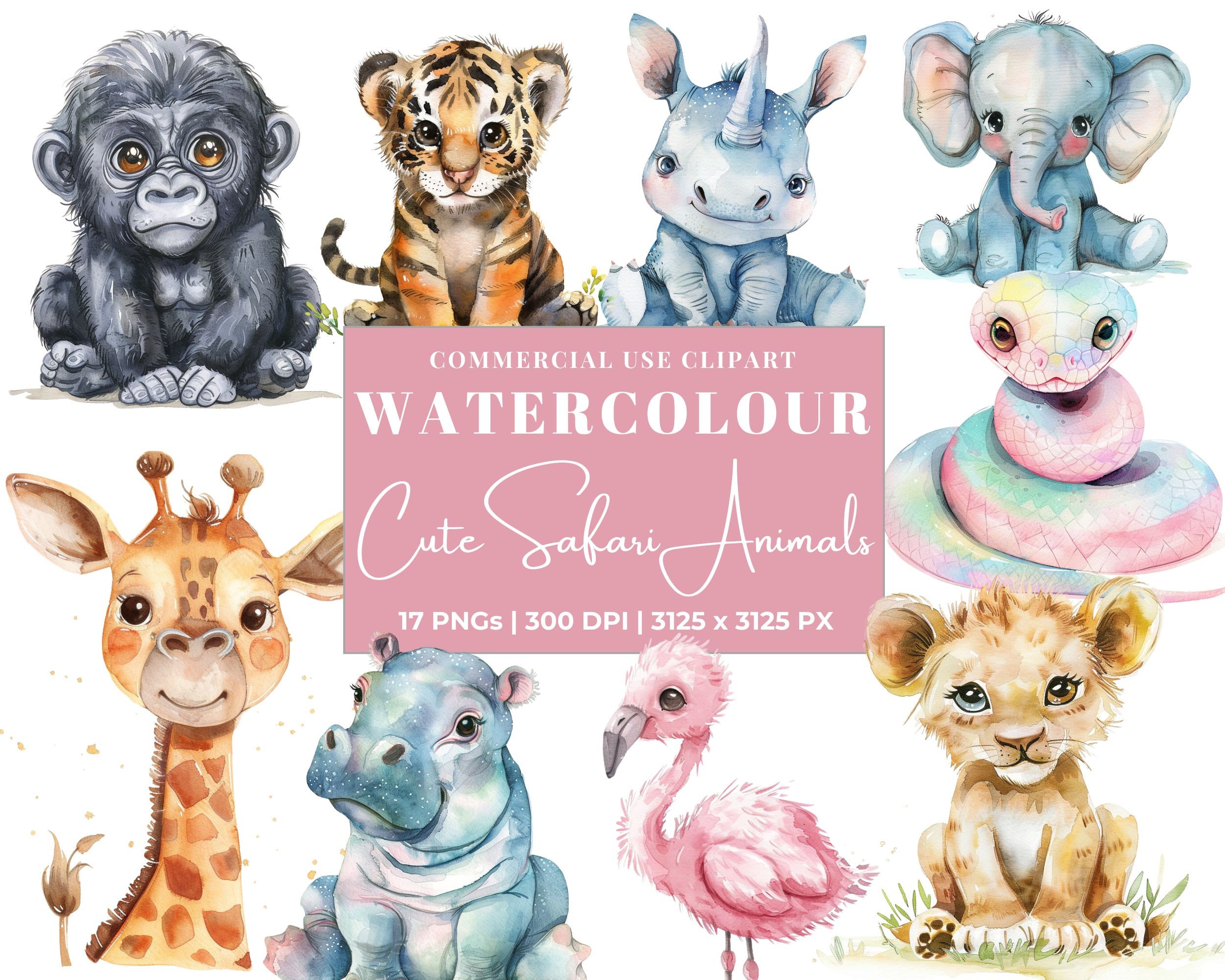 17 PNG Cute Safari Animals Clipart Bundle, Cute Baby Animals ...