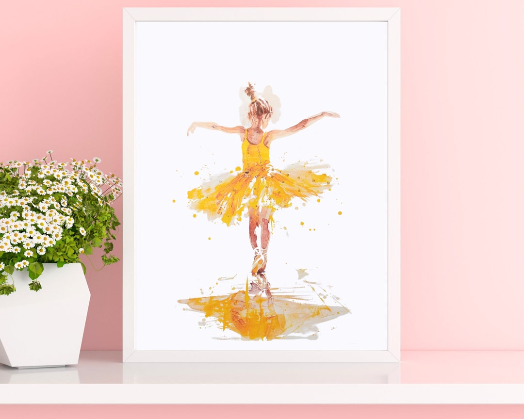 Watercolour Print A4 Yellow Dress Ballet Dancer Embellished With Golden ...