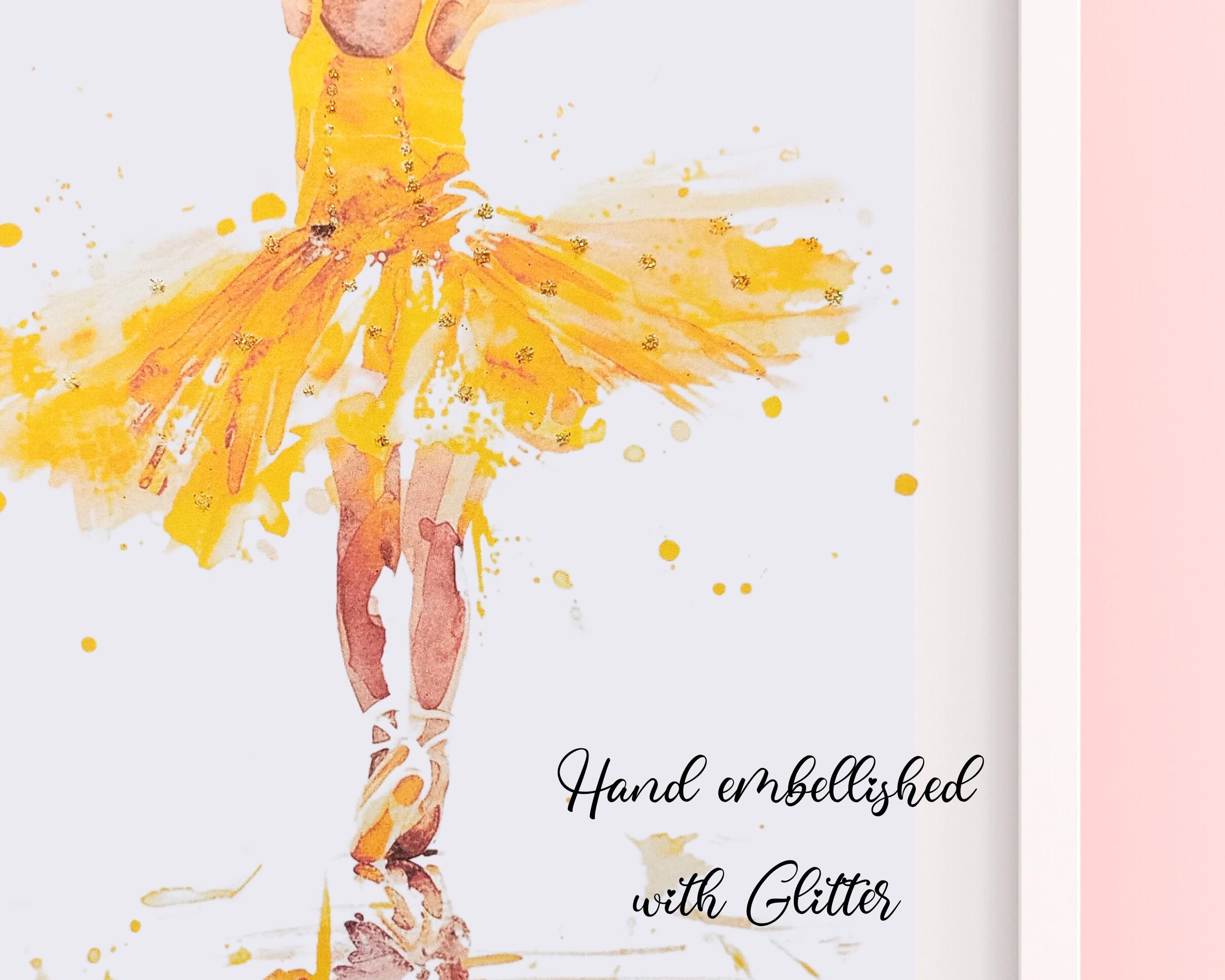 Watercolour Print A4 Yellow Dress Ballet Dancer Embellished With Golden ...