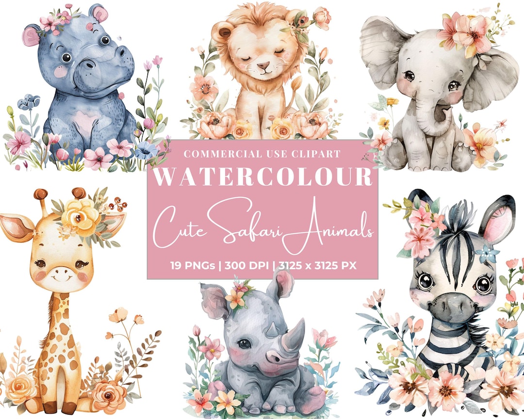 19 PNG Cute Safari Animals Clipart Bundle, Baby Animals Watercolour ...