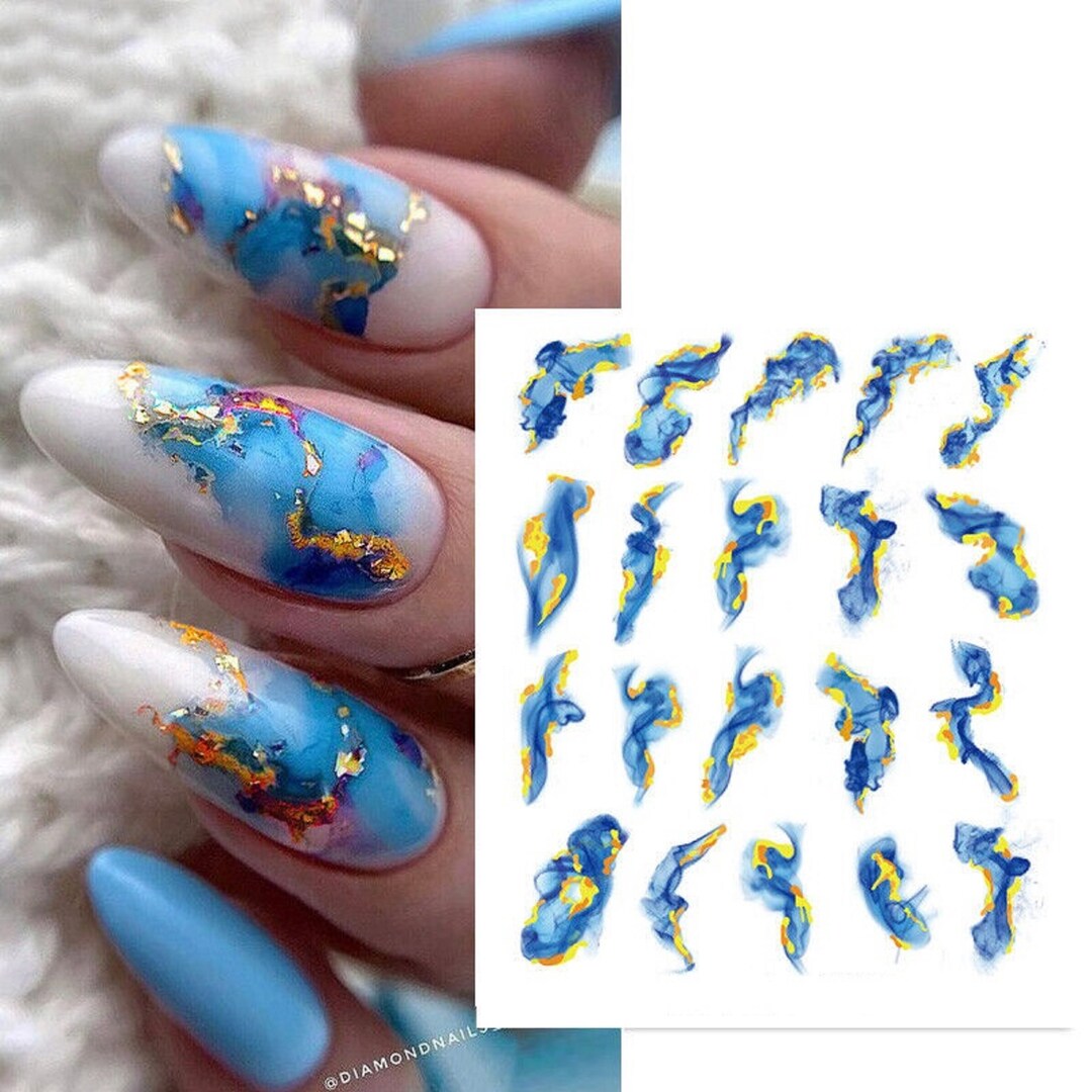 Nail Art Water Decals Stickers Transfers Decoration Blue Gold Marble ...