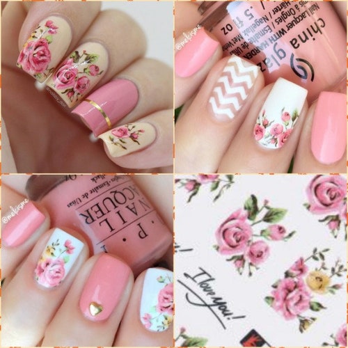 Nail Art Water Decals Stickers Pink Roses Bouquet Etsy