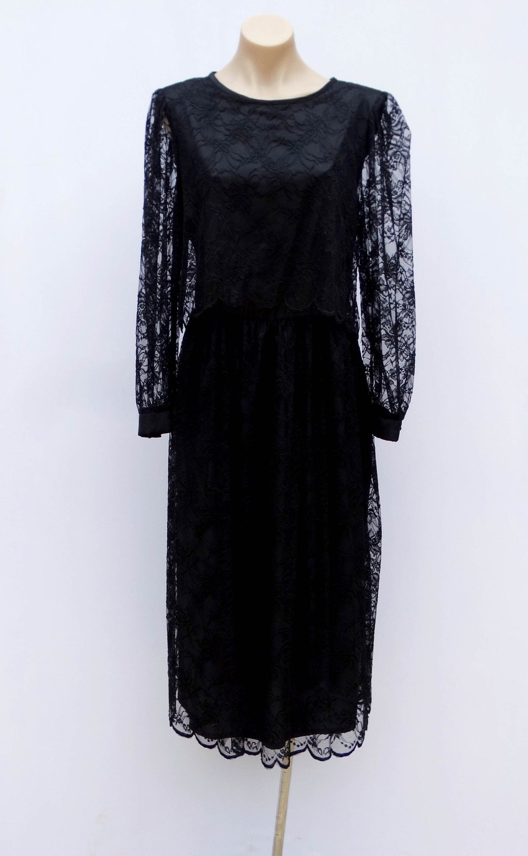 Vintage VTG 1980s Black Sheer Scalloped Floral Lace Midi Party Dress L ...