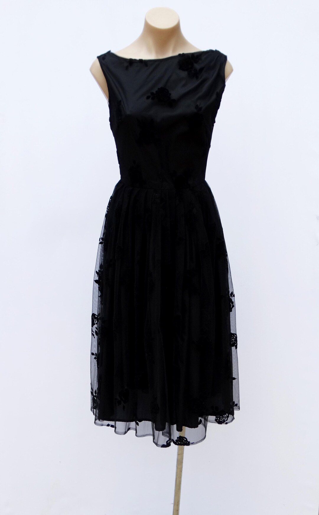 Vintage VTG 80s Black Boat Neck Velvet Flocked Rose Sheer Net Lace ...