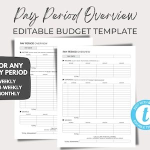 Editable & Printable Pay Period Budget Template, Instant Download ...