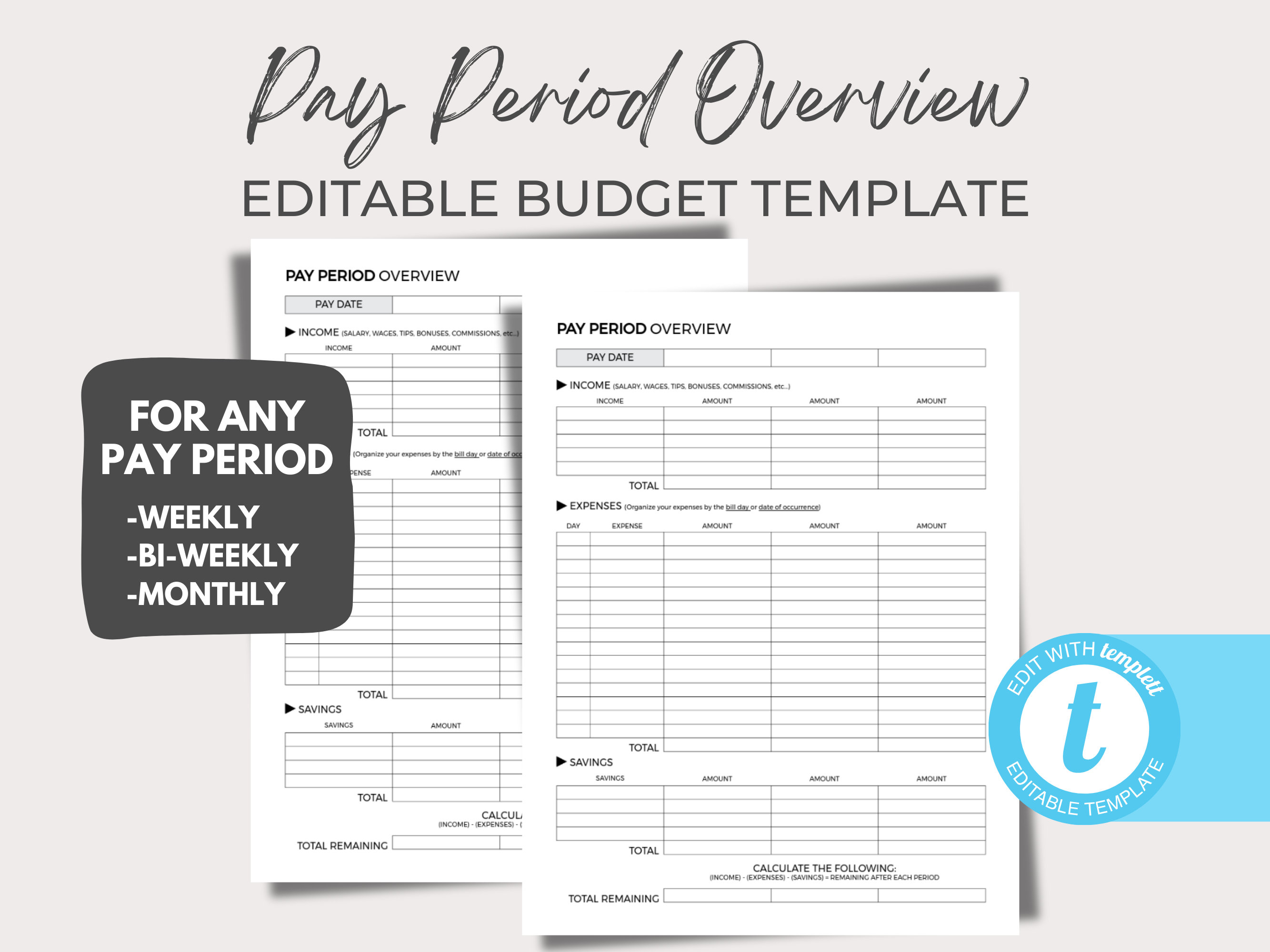 Editable & Printable Pay Period Budget Template, Instant Download ...