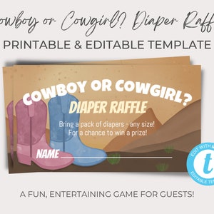 Cowboy or Cowgirl? Diaper Raffle Ticket, Gender Reveal, Editable ...