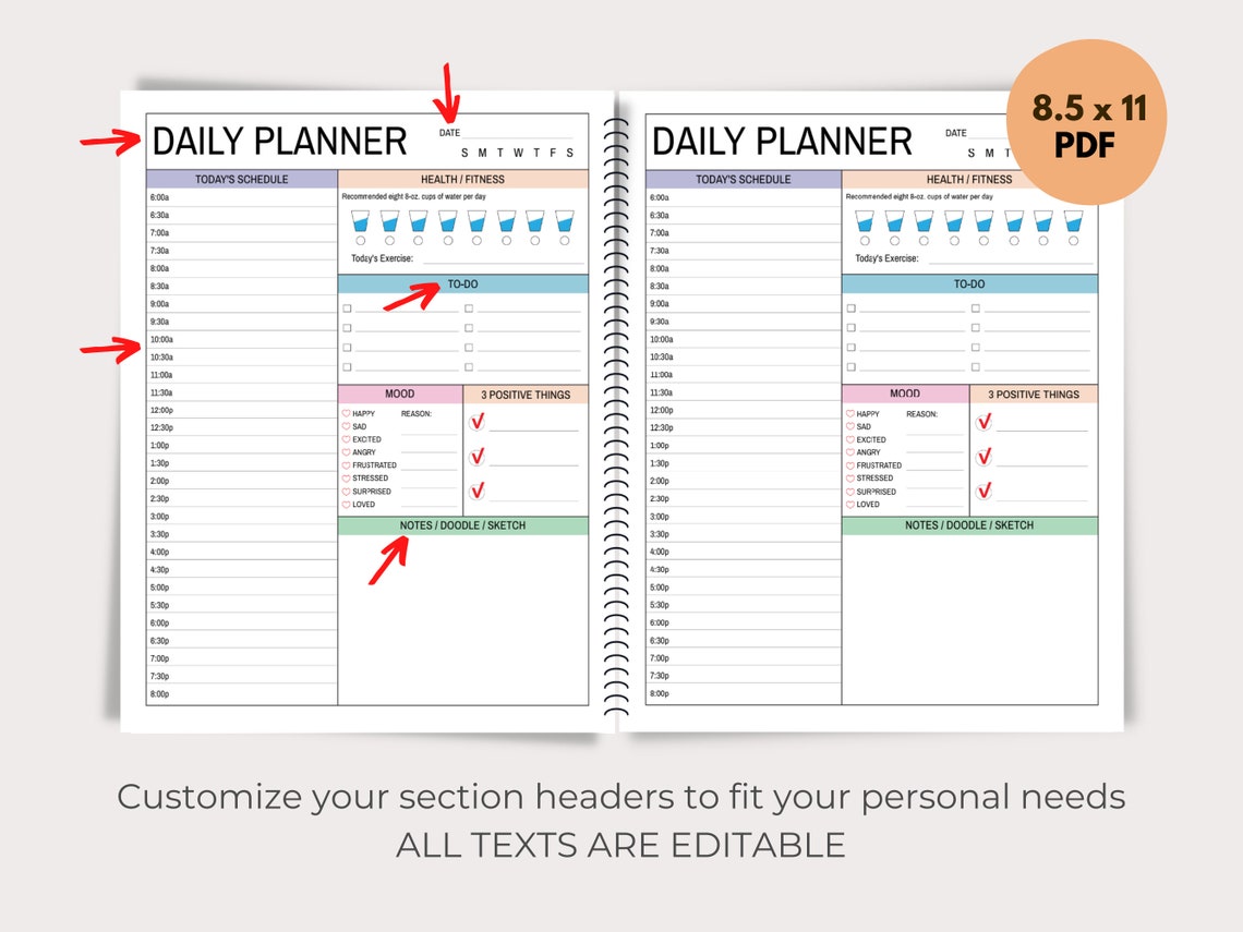 Daily Planner Printable Editable Template Digital File - Etsy