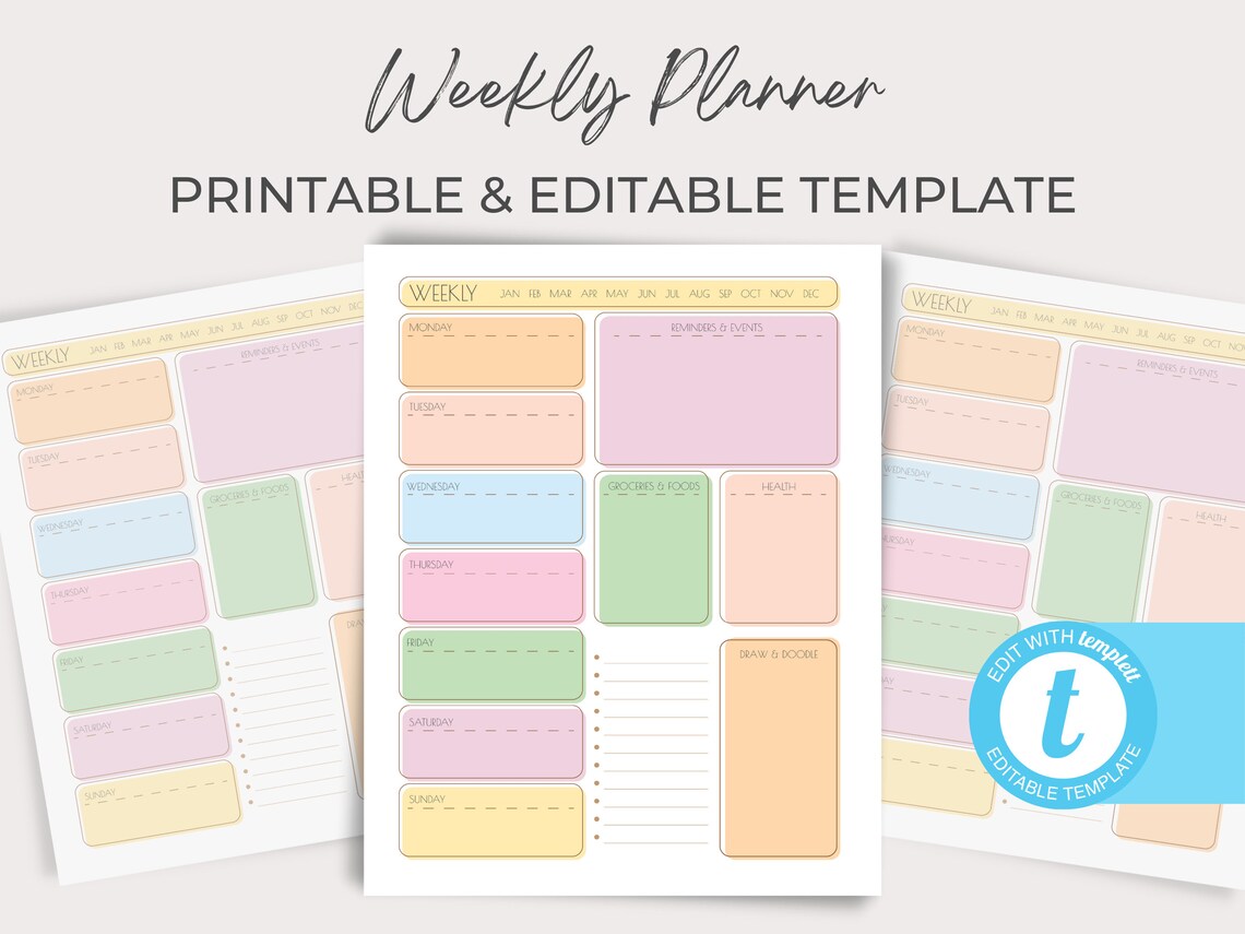 Weekly Planner Printable, Relaxed and Happy, Editable Template, Digital ...