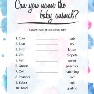 Baby Shower Games, Watercolor Spash, Pink, Blue, Instant Download, 6 ...