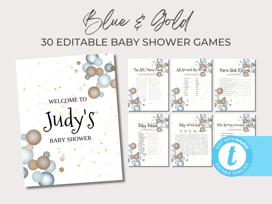 Blue and Gold Baby Shower Game Bundle, 30 Fun Printable Games ...
