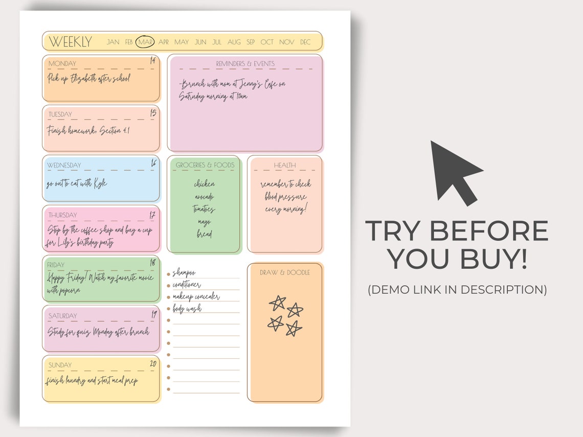 Weekly Planner Printable, Relaxed and Happy, Editable Template, Digital ...