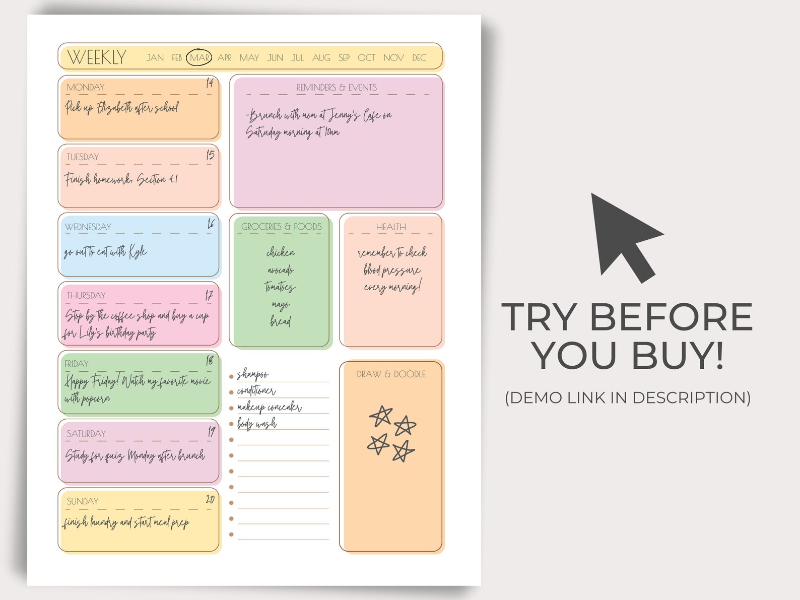 Weekly Planner Printable, Relaxed and Happy, Editable Template, Digital ...