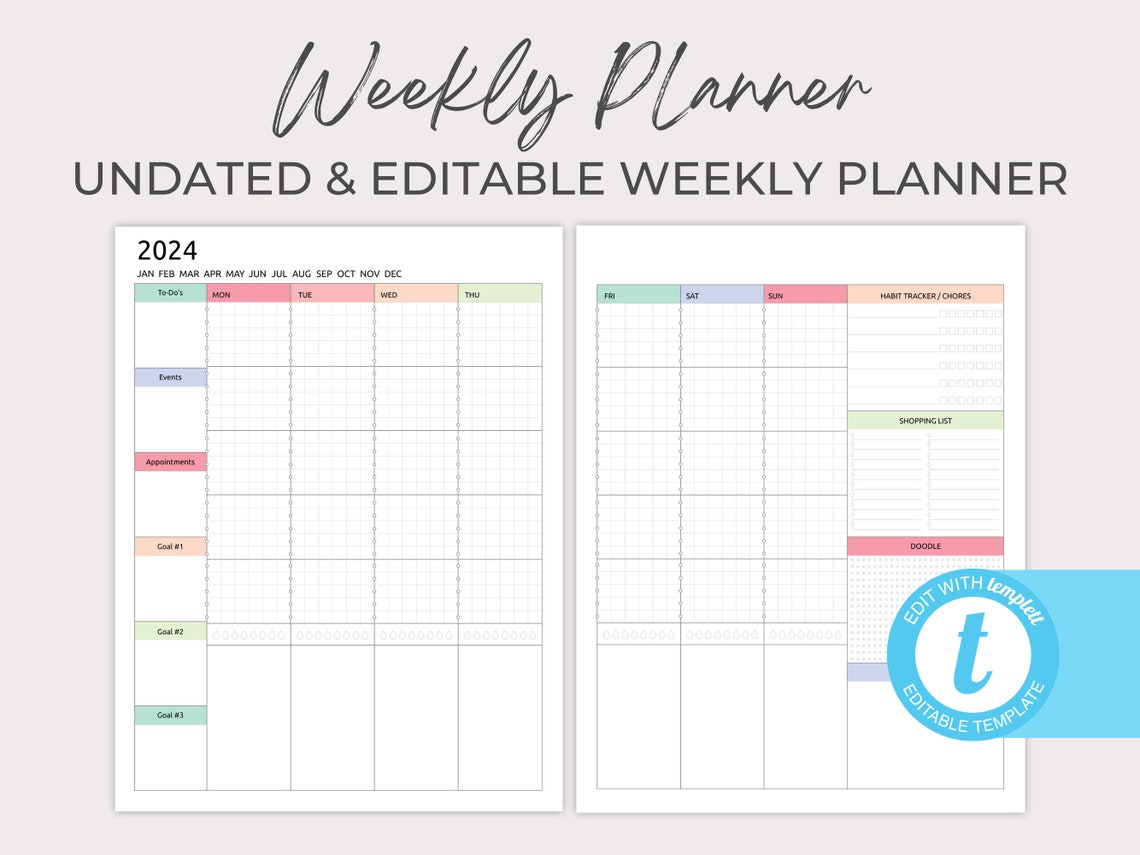 Weekly Planner Printable, Editable Template, Digital File - Etsy