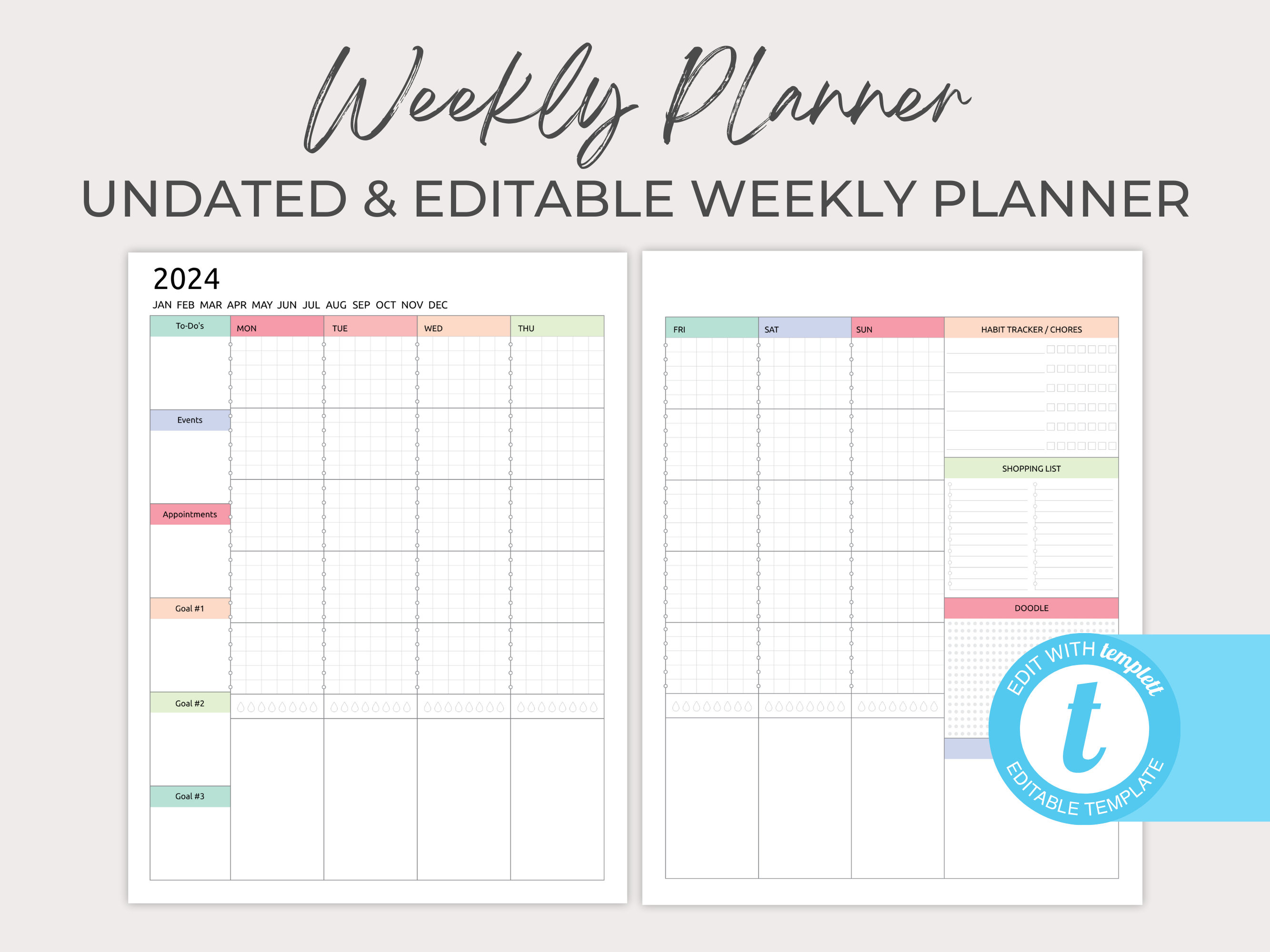 Weekly Planner Printable, Editable Template, Digital File - Etsy