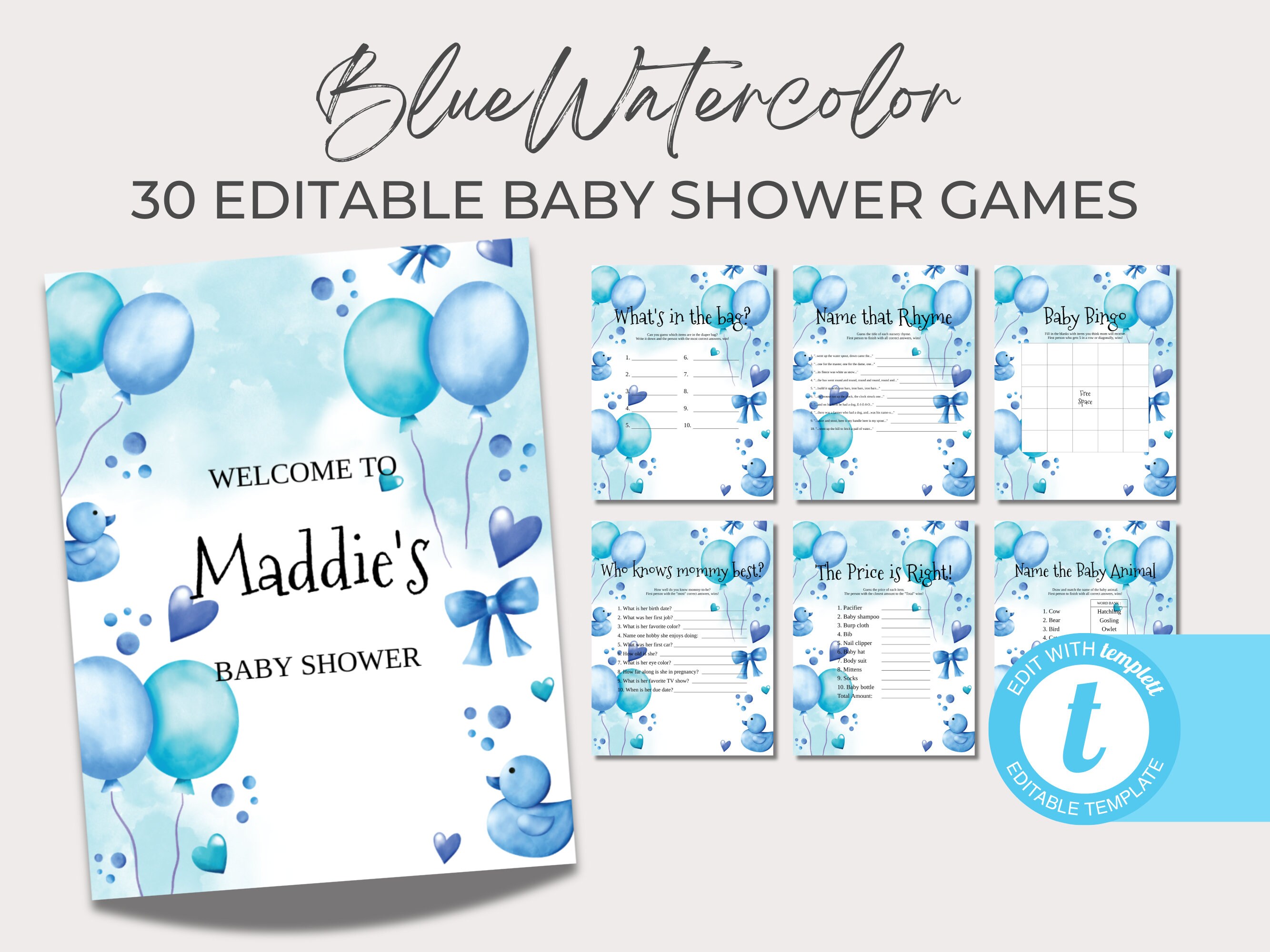 Blue Watercolor Baby Shower, 30 Mega Pack Printable Games, Boy Baby ...