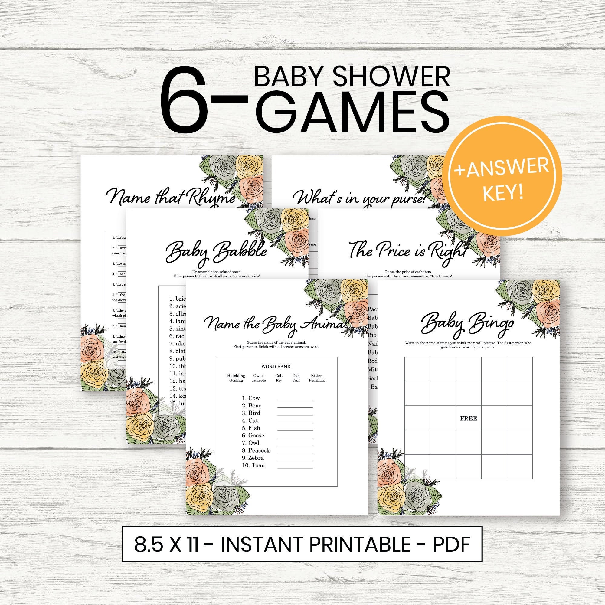Floral Baby Shower Games, 6 Games Answer Sheet - Etsy