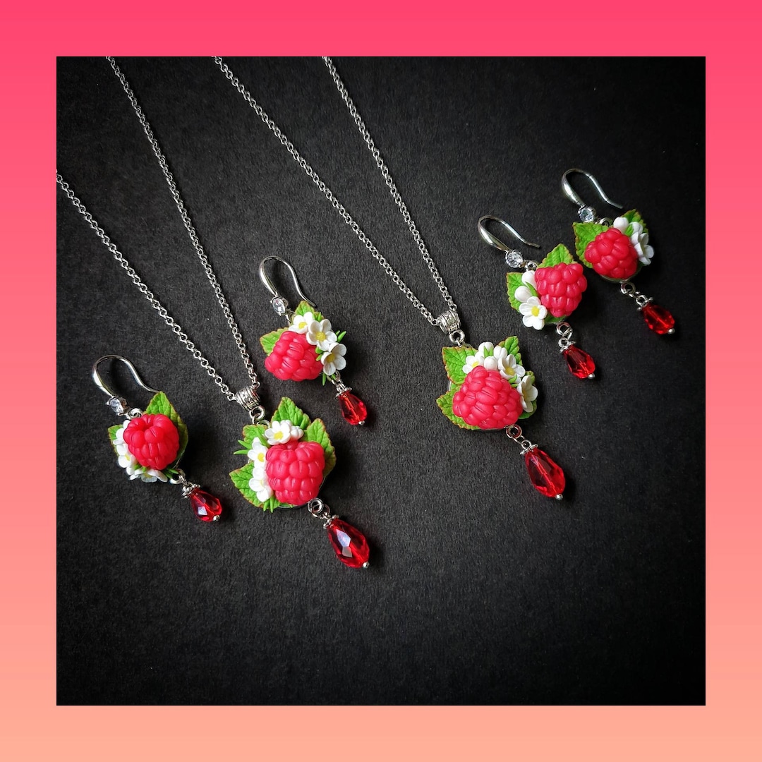 Raspberry Jewelry of Polymer Clay. Red Berries Earrings, Raspberry ...