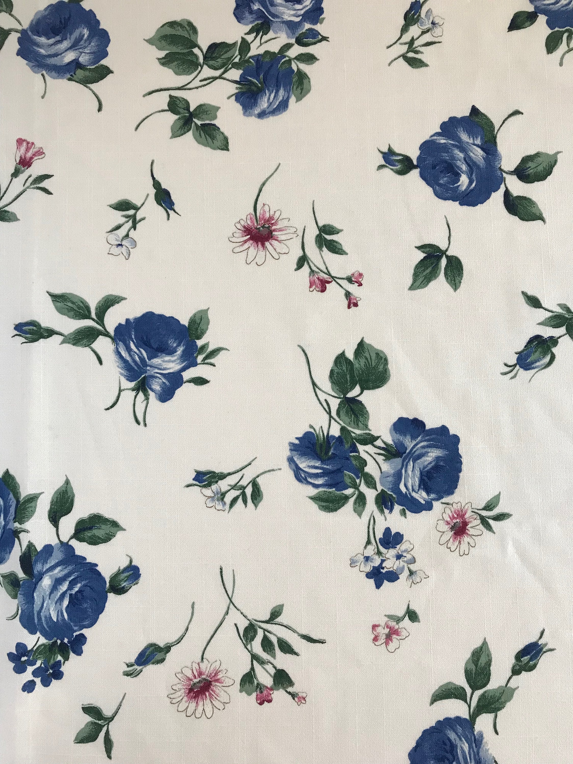 Vintage fabric Blue/White Roses Floral Print Rose Print | Etsy