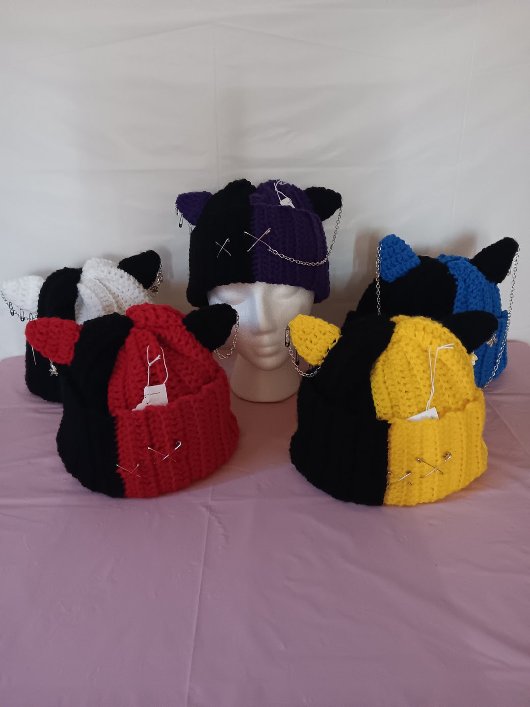 Crocheted Split Cat Beanies With Sliver Charms, Chains and Other ...