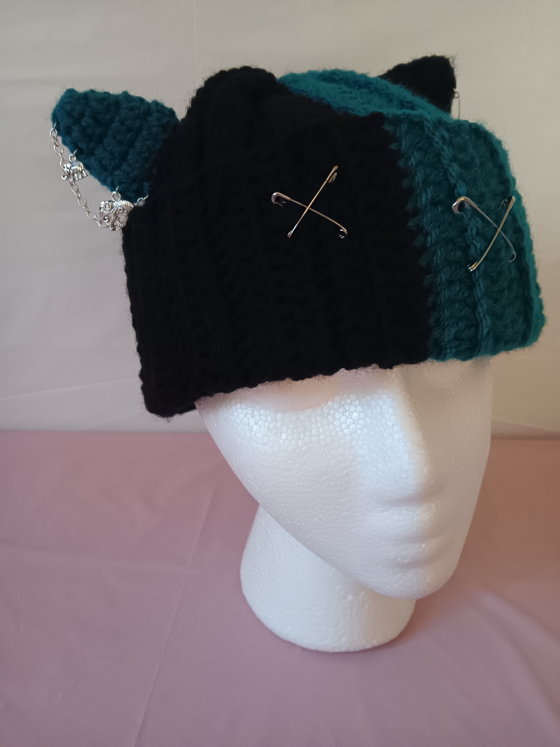Crocheted Split Cat Beanies With Sliver Charms, Chains and Other ...
