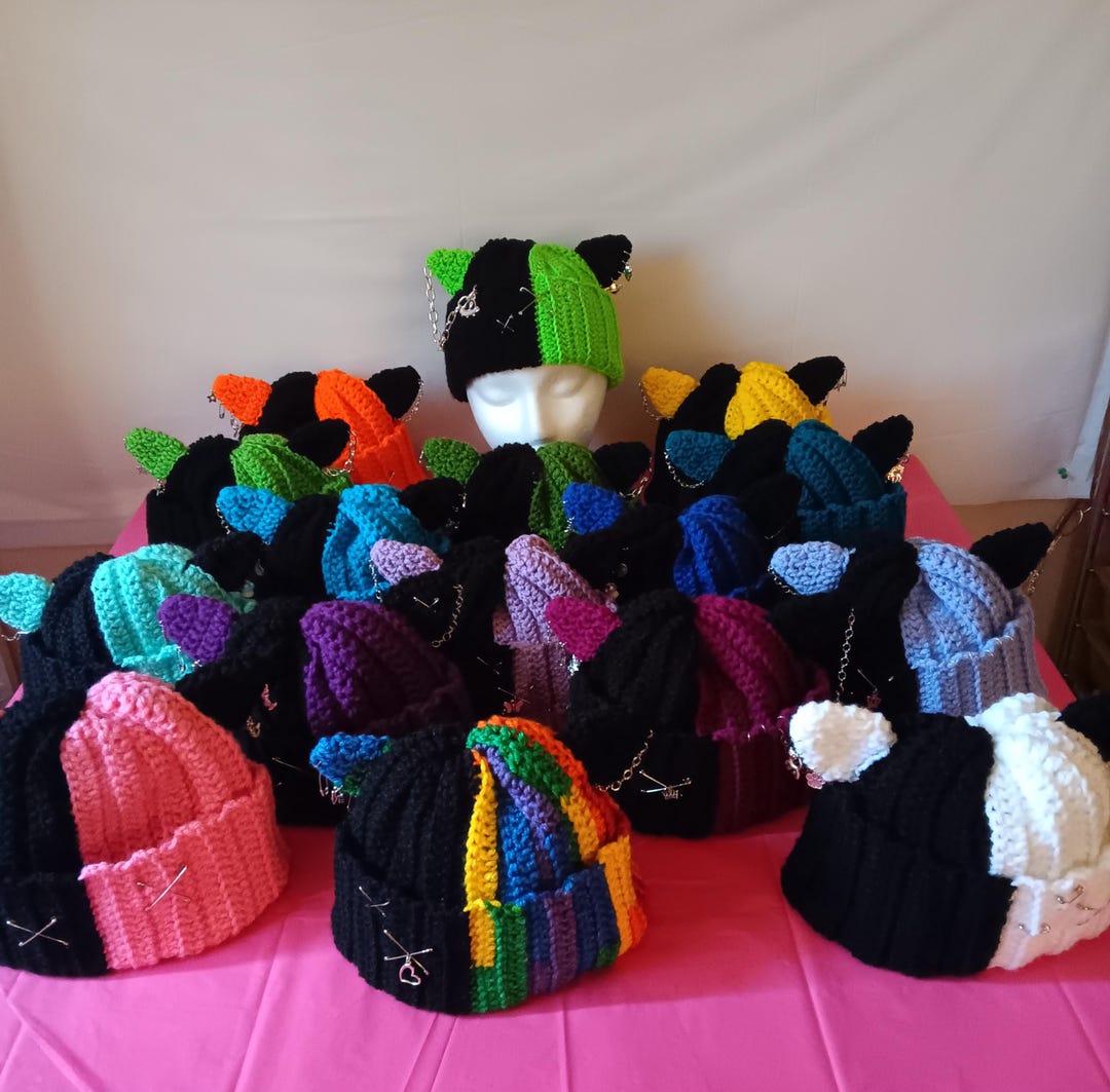 Crocheted Split Cat Beanies With Sliver Charms, Chains and Other ...