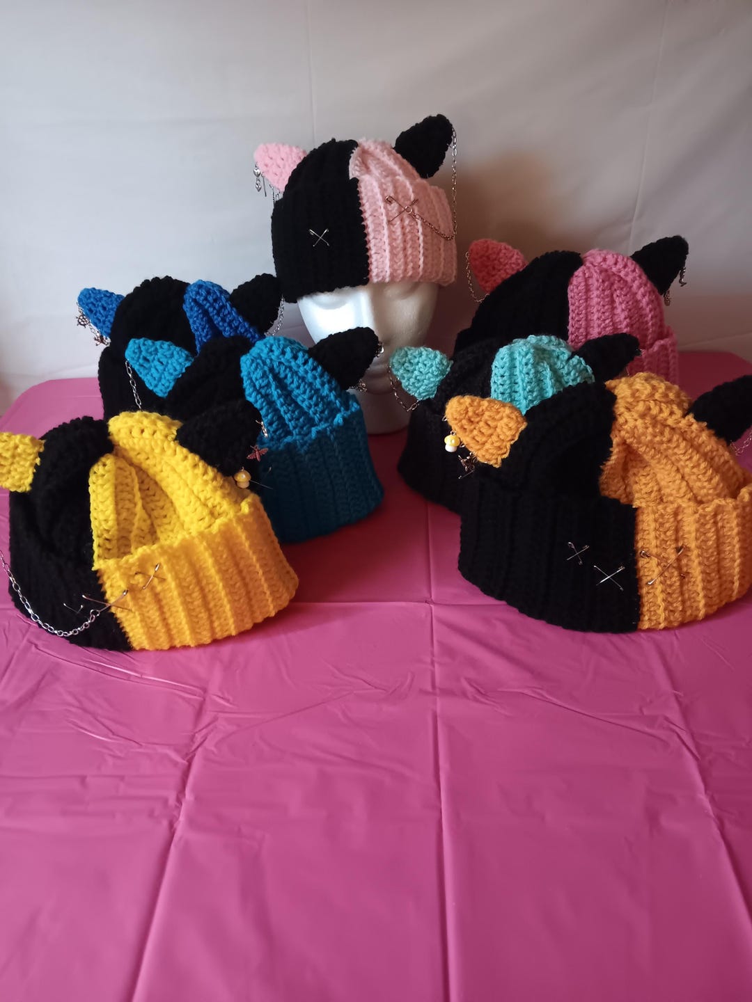Crocheted Split Cat Beanies With Sliver Charms, Chains and Other ...