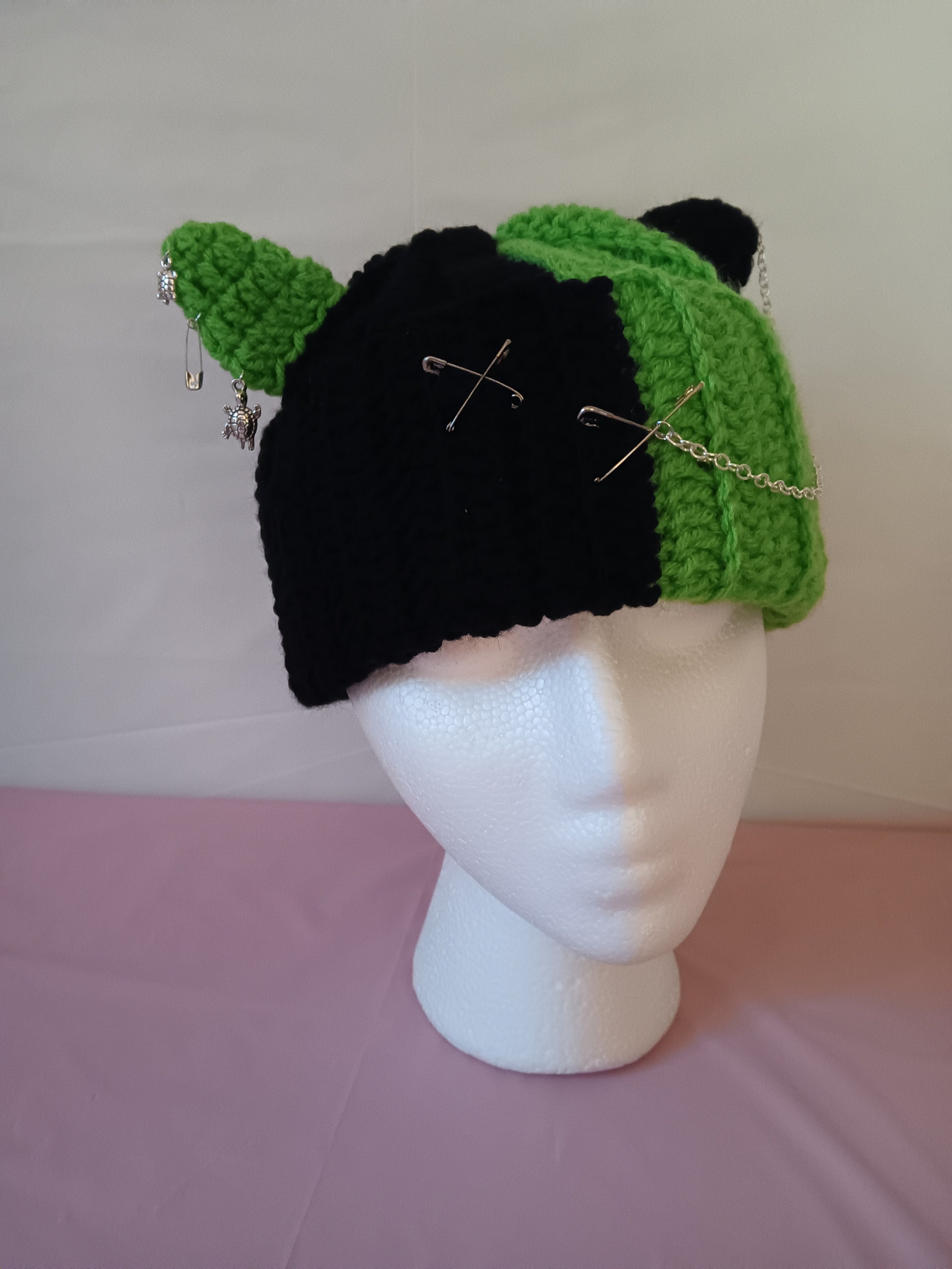 Crocheted Split Cat Beanies With Sliver Charms, Chains and Other ...