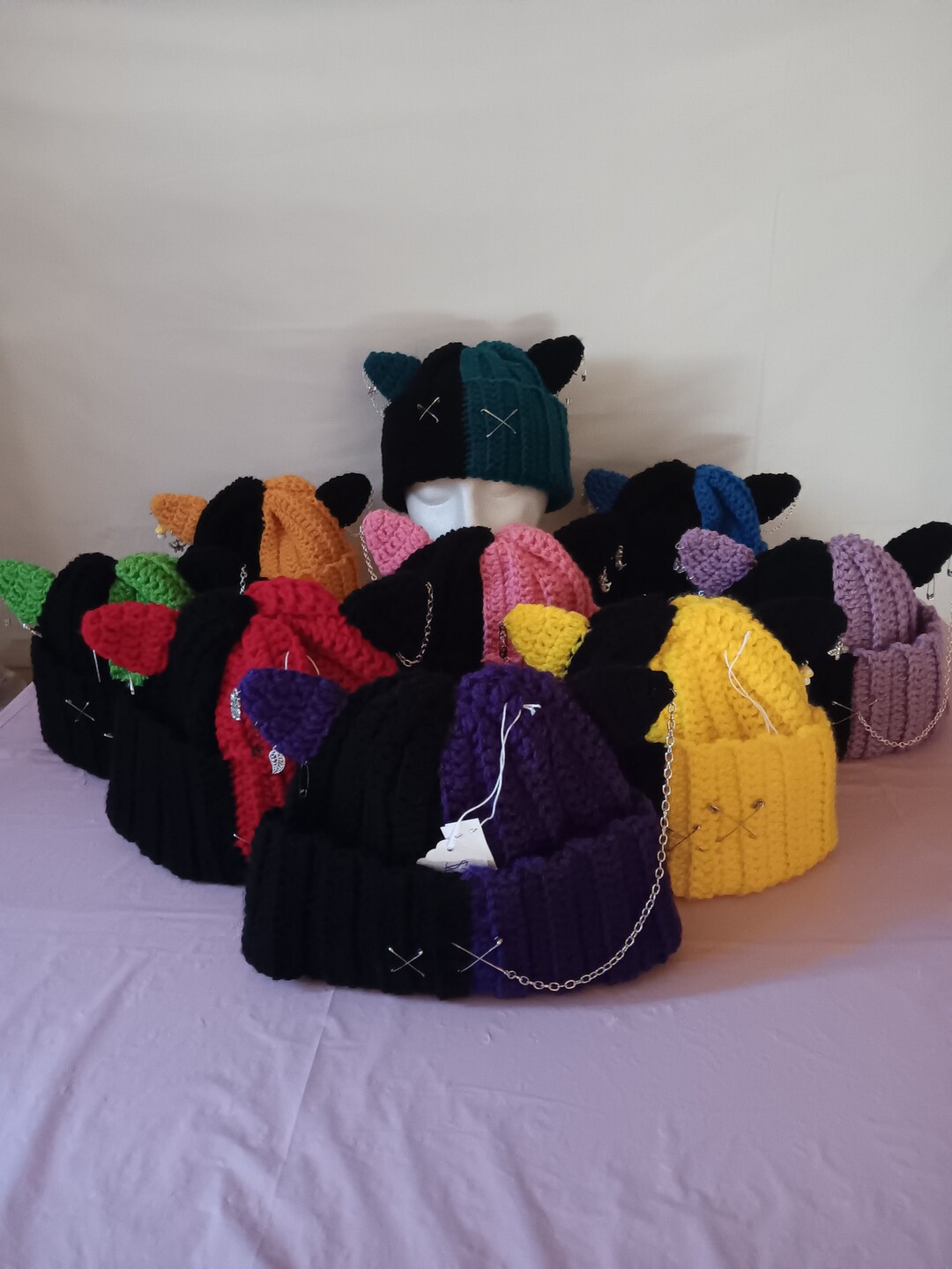 Crocheted Split Cat Beanies With Sliver Charms, Chains and Other ...