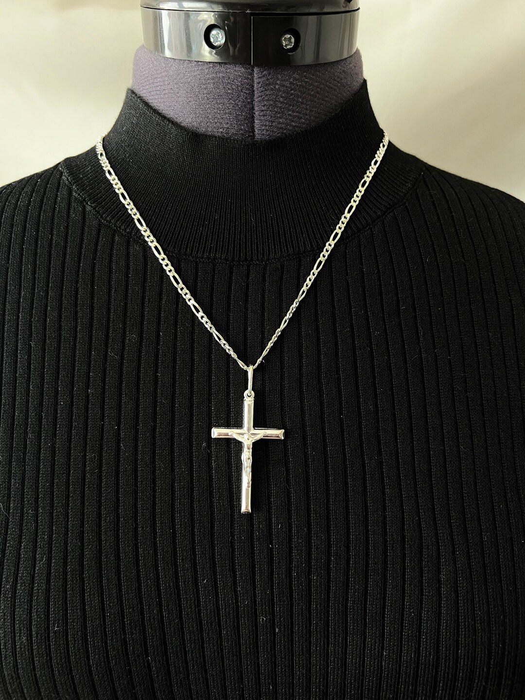 Sterling Silver Crucifix on a 20 Inch Figaro Chain, Large Cross Pendant ...