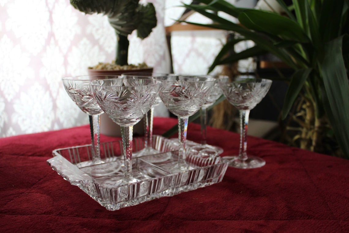 Vintage Cut Glass Pinwheel Crystal Set of Six Glasses Plus Pinwheel Cut ...