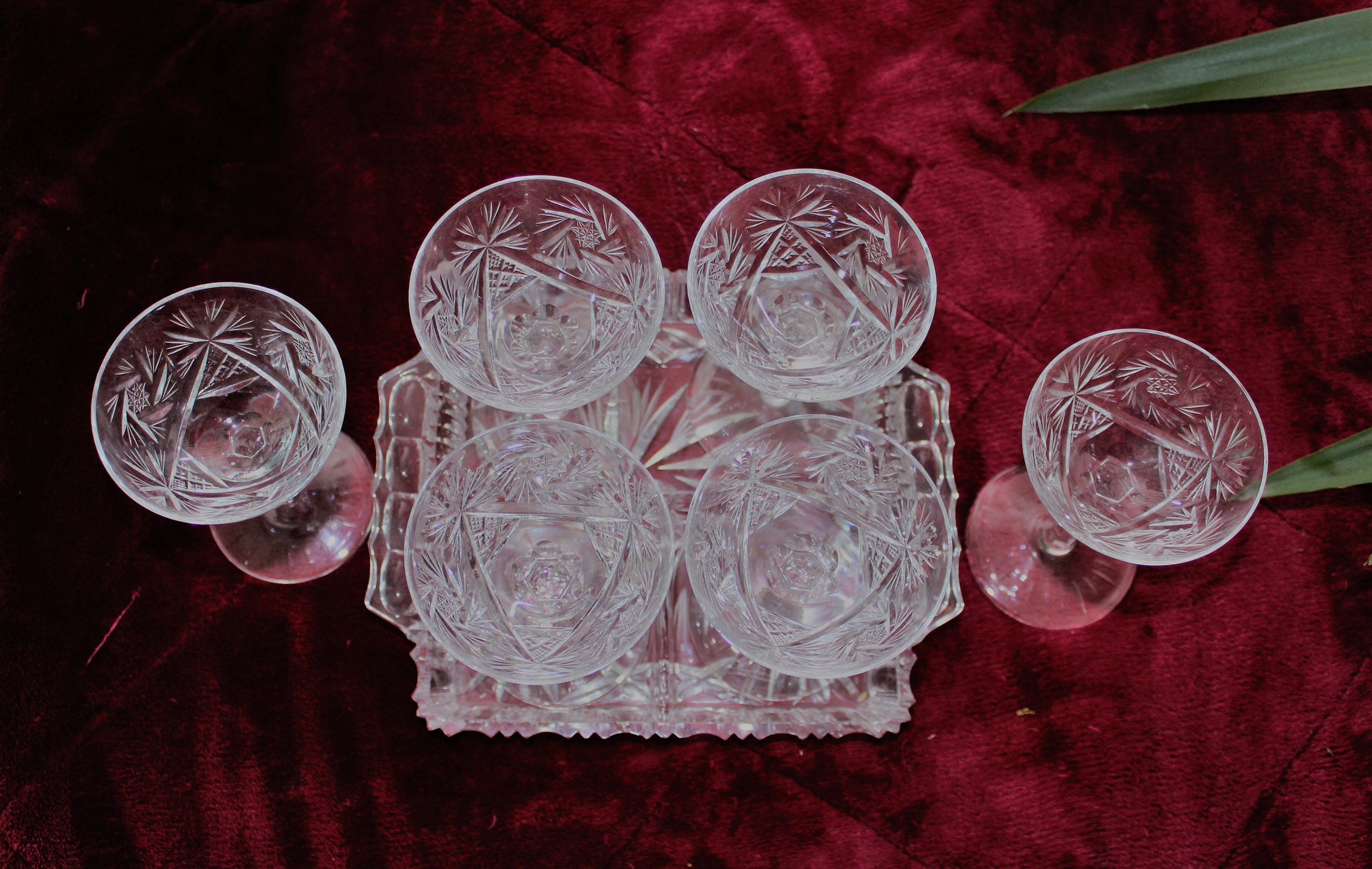 Vintage Cut Glass Pinwheel Crystal Set of Six Glasses Plus Pinwheel Cut ...
